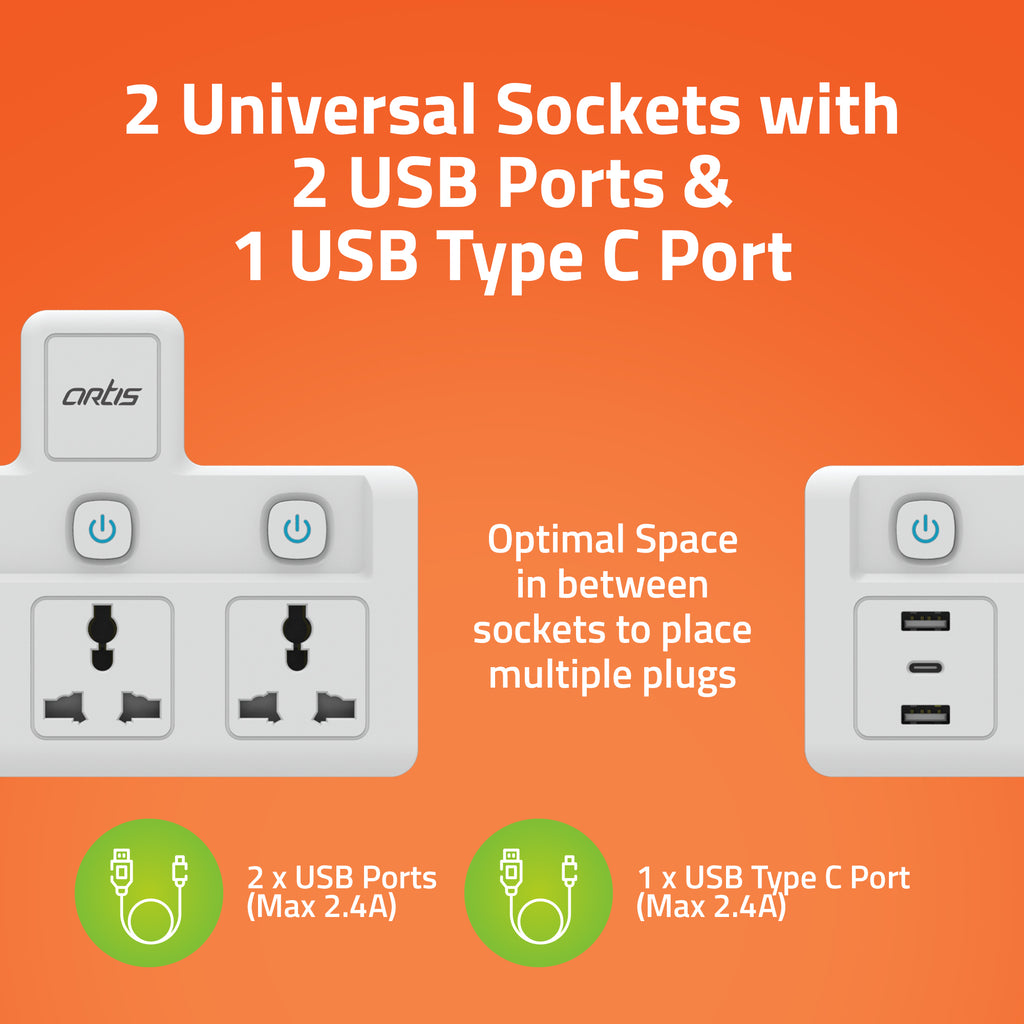 2MS-3USBC 2 Universal Sockets with 2 USB Ports & 1 USB Type C Port wit
