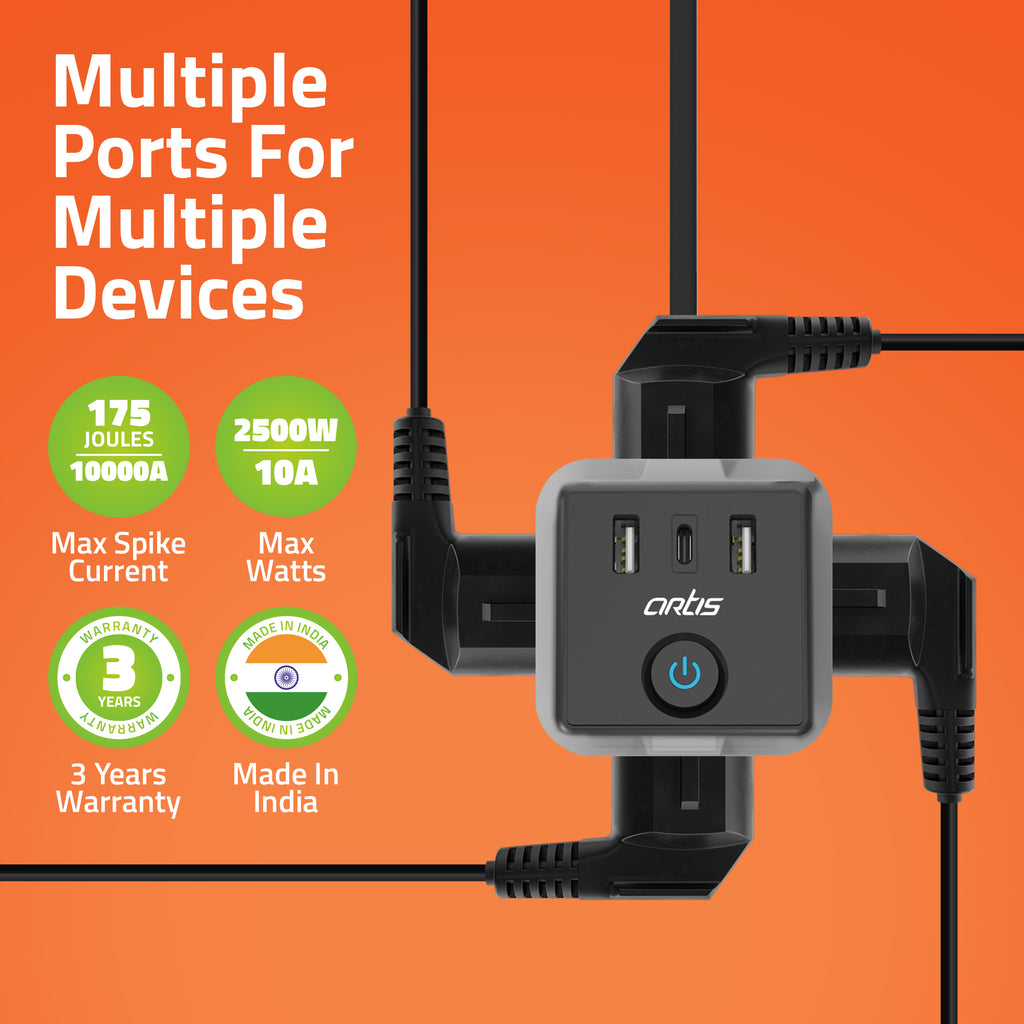 Buy AR-4SS-3USBCB 4 Universal Sockets in Black Online